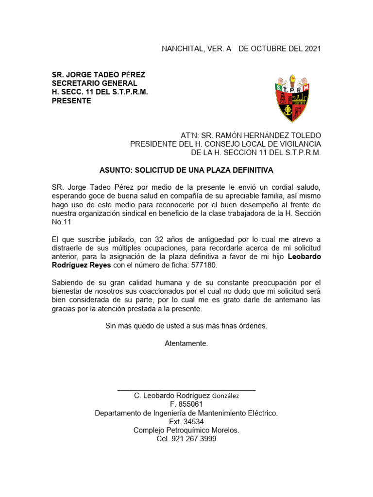 Oficio Pemex Solicitud De Plaza Definitiva Pdf