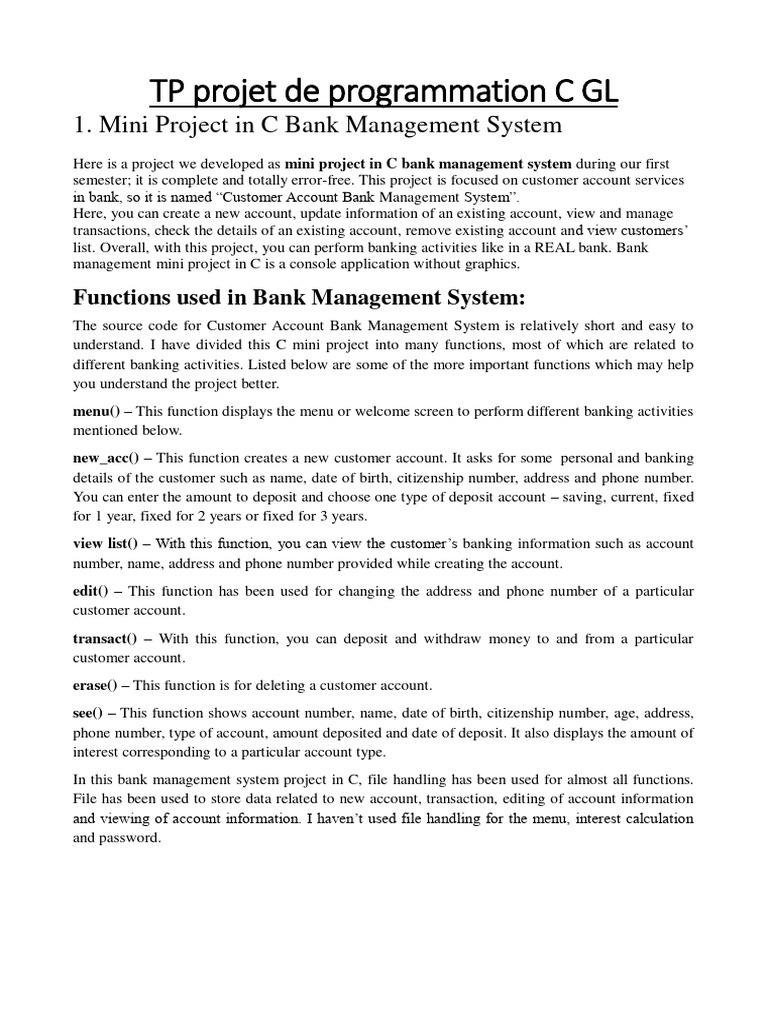 TP Projet de Programmation C GL: 1. Mini Project in C Bank Management System | Download Free PDF ...