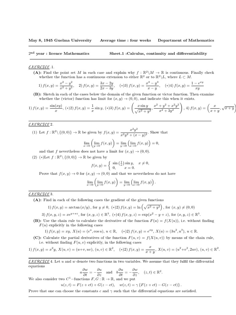 TD1 Analysis 4 (2024) | PDF | Derivative | Function (Mathematics)