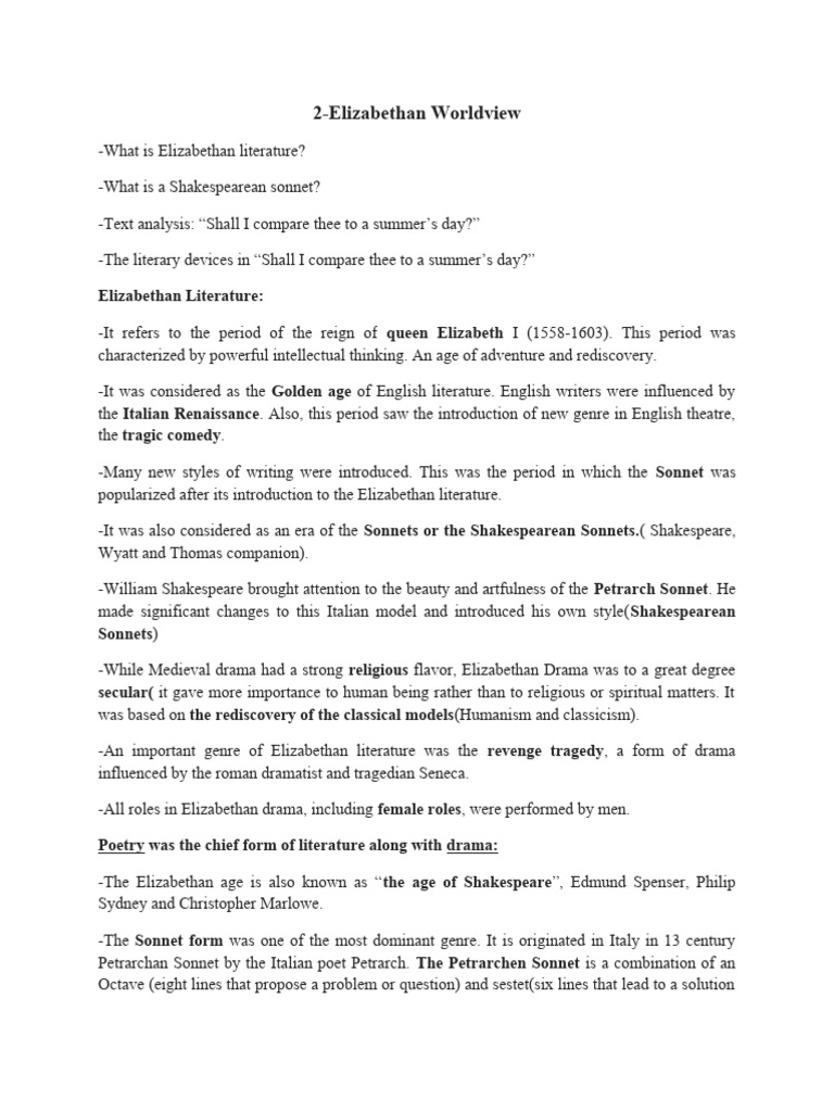 Elizabethan Literature and Shakespeares Sonnet | PDF | Poetry | Sonnets