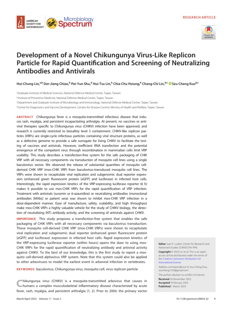 Development of A Novel Chikungunya Virus-Like Replicon Particle For Rapid Quantification and ...