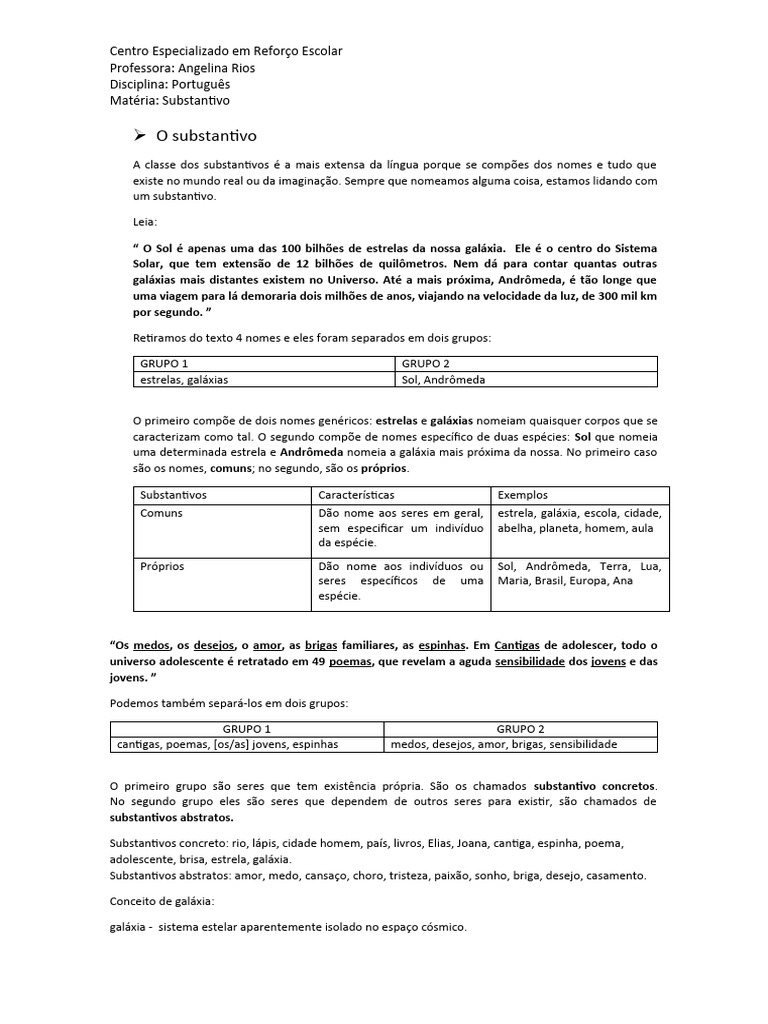 O substantivo - aula 1 | Download grátis PDF | Galáxia | Estrelas