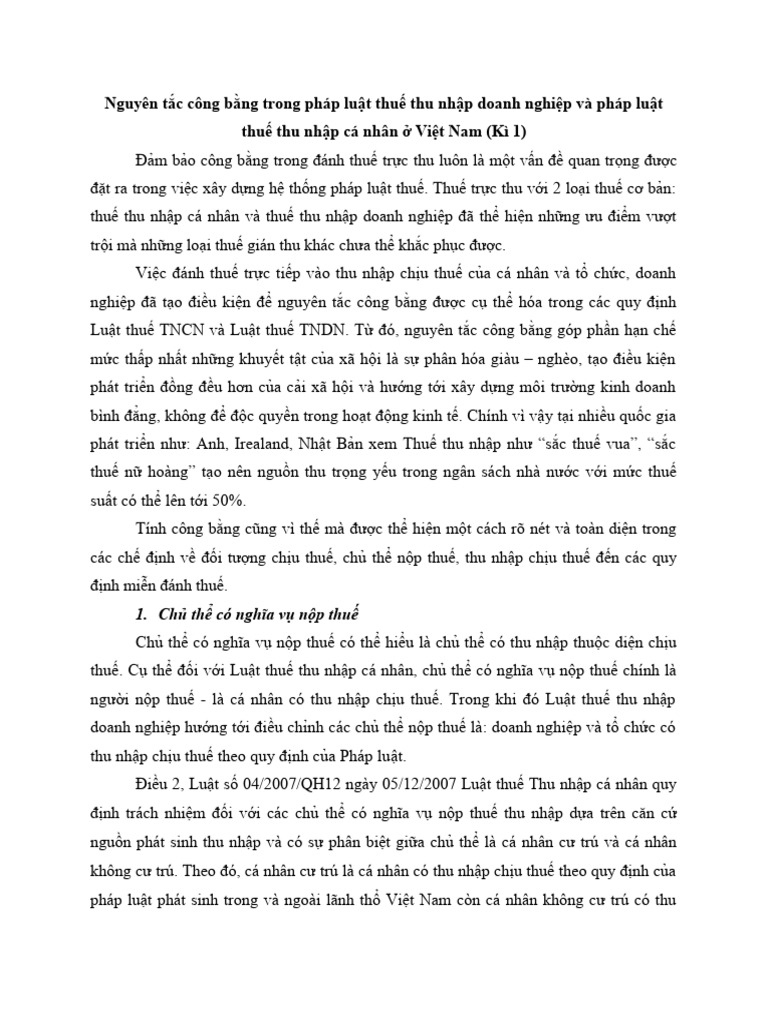 đảm bảo nguyên tắc công bằng trong pháp luật thuế thu nhập doanh nghiệp và pháp luật thuế thu ...