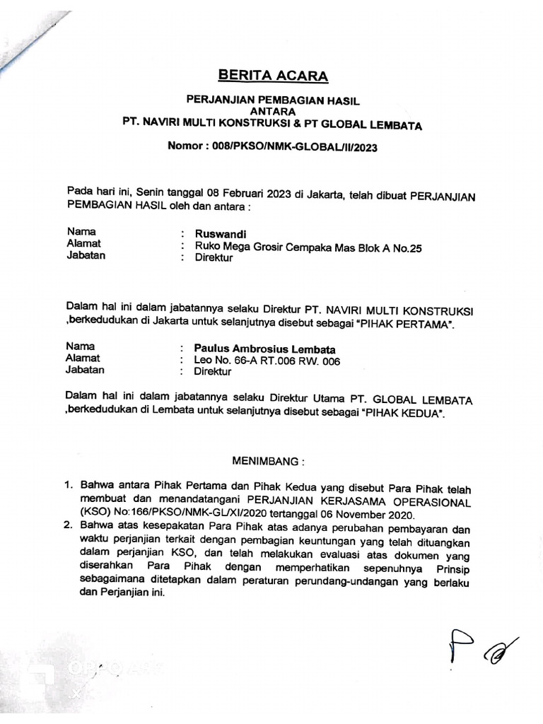 Berita Acara Pembagian Hasil PT. Naviri | PDF