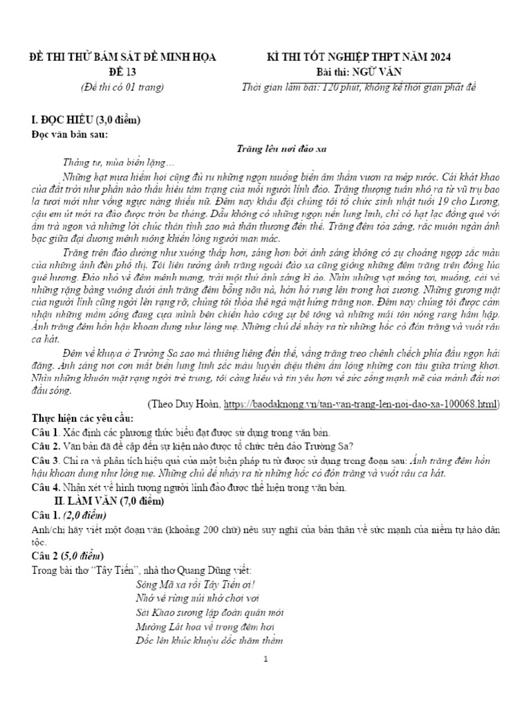 13 de Thi Thu Bam Sat Cau Truc de Minh Hoa TN THPT 2024 Mon Ngu Van de 13 File Word Co Loi ...