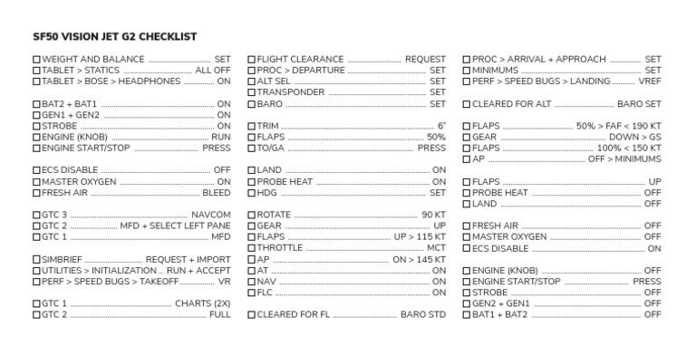 SF50 Vision Jet G2 Checklist | PDF | Aviation | Aircraft