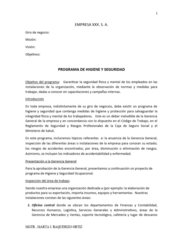 Bosquejo de Un Programa de Higiene y Seguridad Ocupacional | PDF | Seguridad y salud ocupacional ...