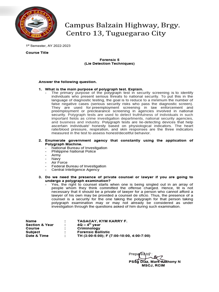 Forensic 5 Activity December 10 2022 | PDF | Polygraph | Law Enforcement