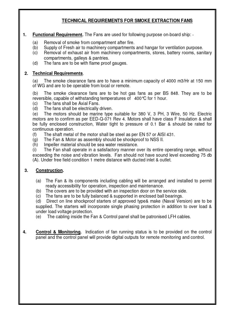 Smoke Extraction Fan Technical Requirements | PDF | Electric Motor ...