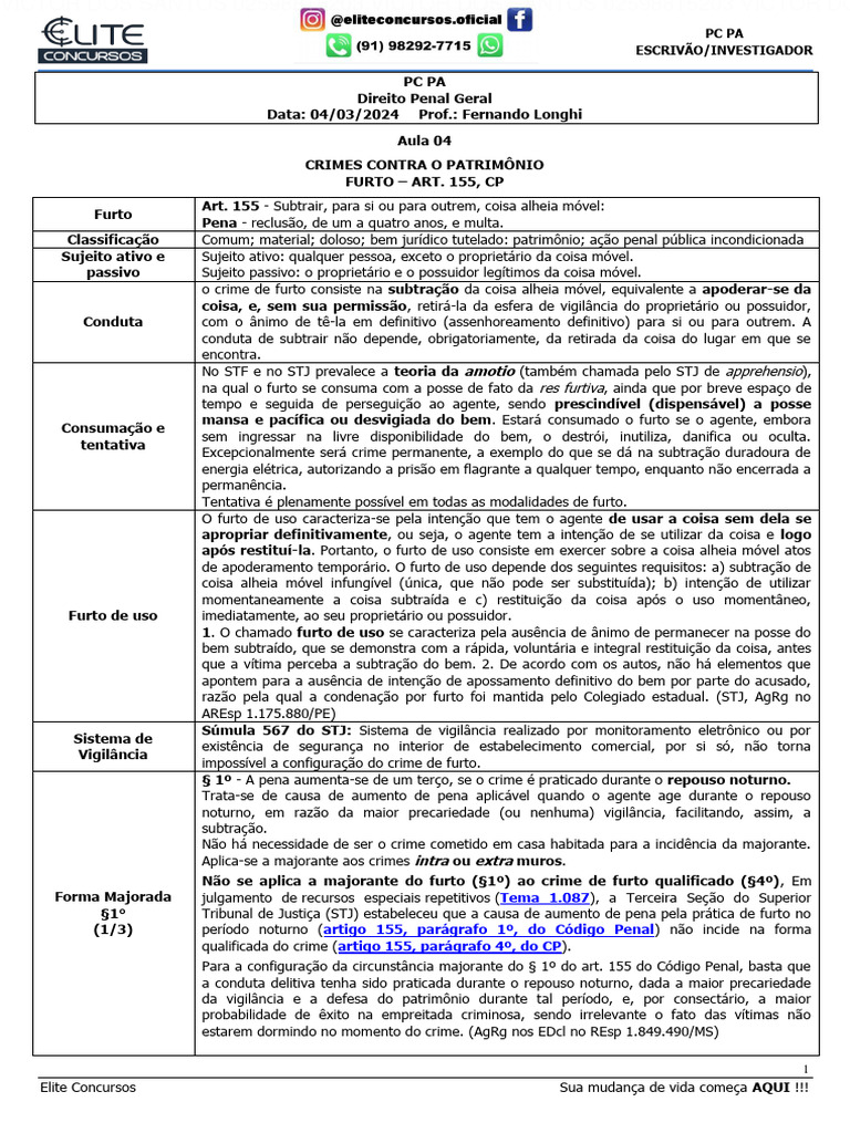 Aula04 Penal Especial Crimes Contra o Patrimnio PCPA Noite T05 04 03 2024 | PDF | Roubo | Roubo