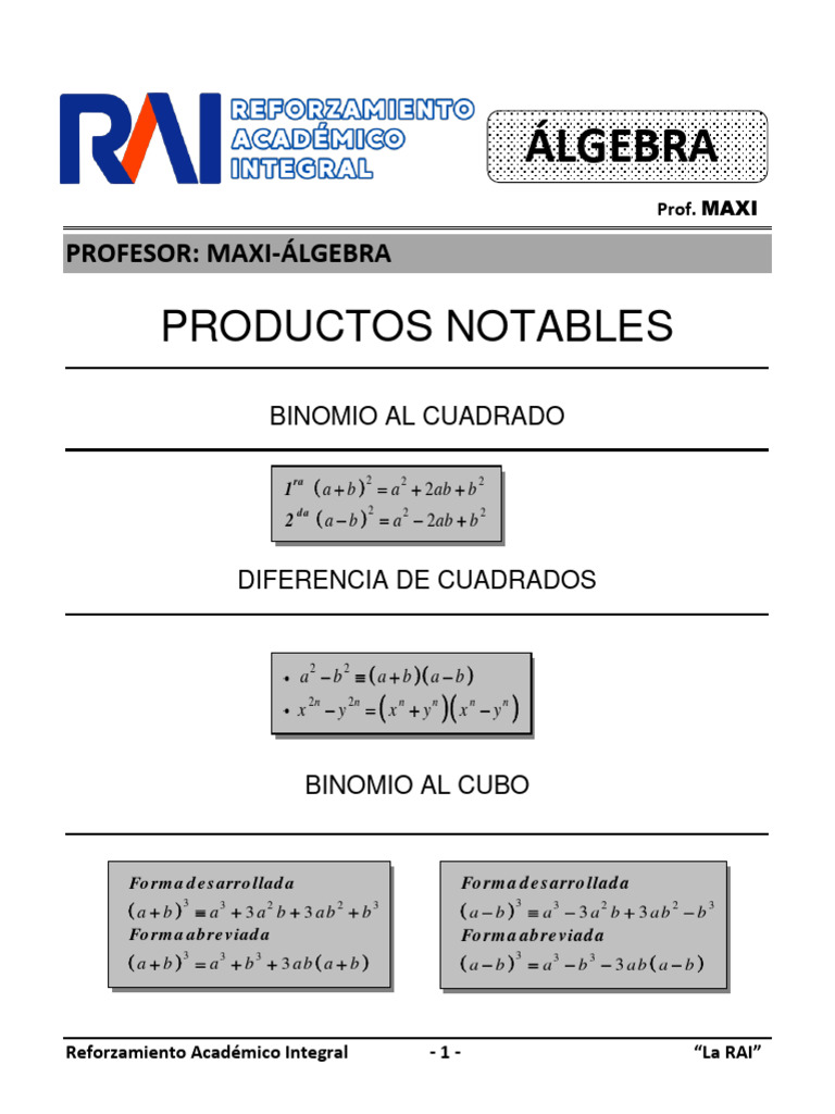Productos Notables y Ejercicios Matemáticos | PDF | Álgebra