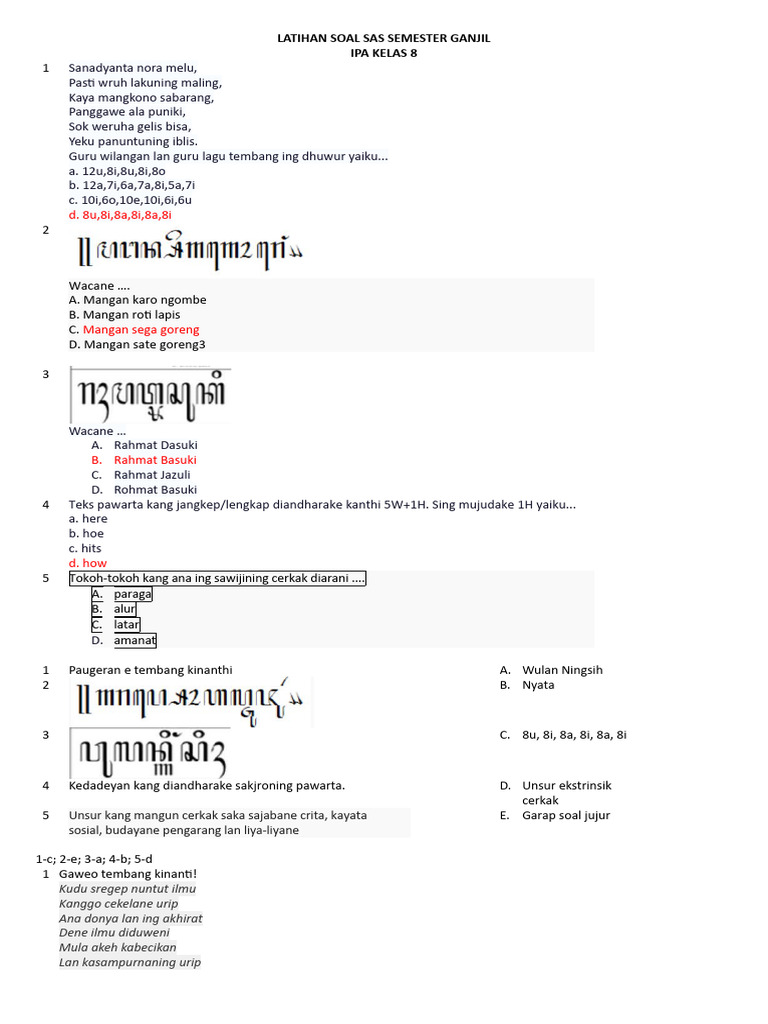 Latihan Soal Sas Semester Ganjil Bahasa Jawa | PDF