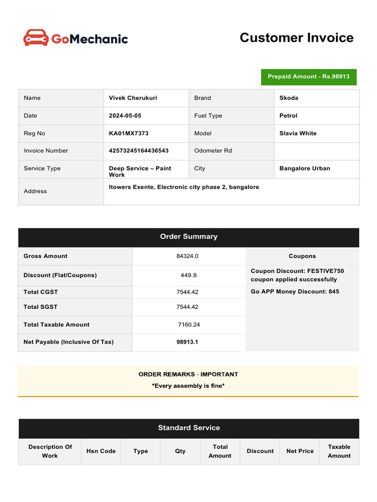 GoMechanic Invoice | Download Free PDF | Car | Brake