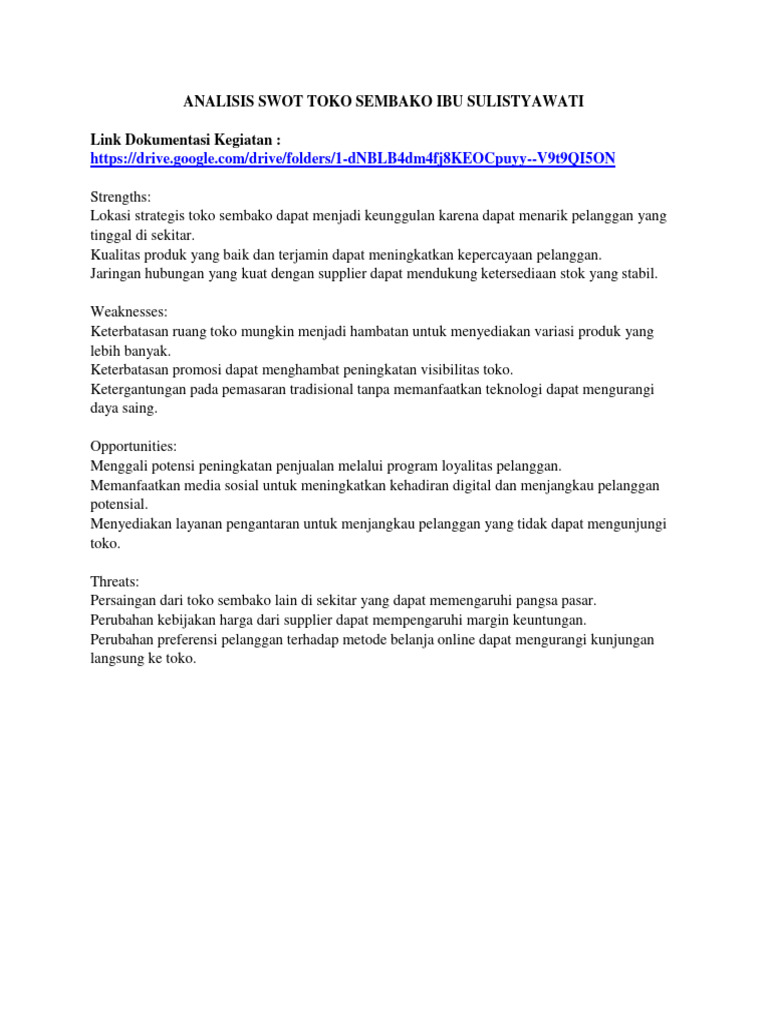 Analisis Swot Toko Sembako Ibu Sulistyawati | PDF