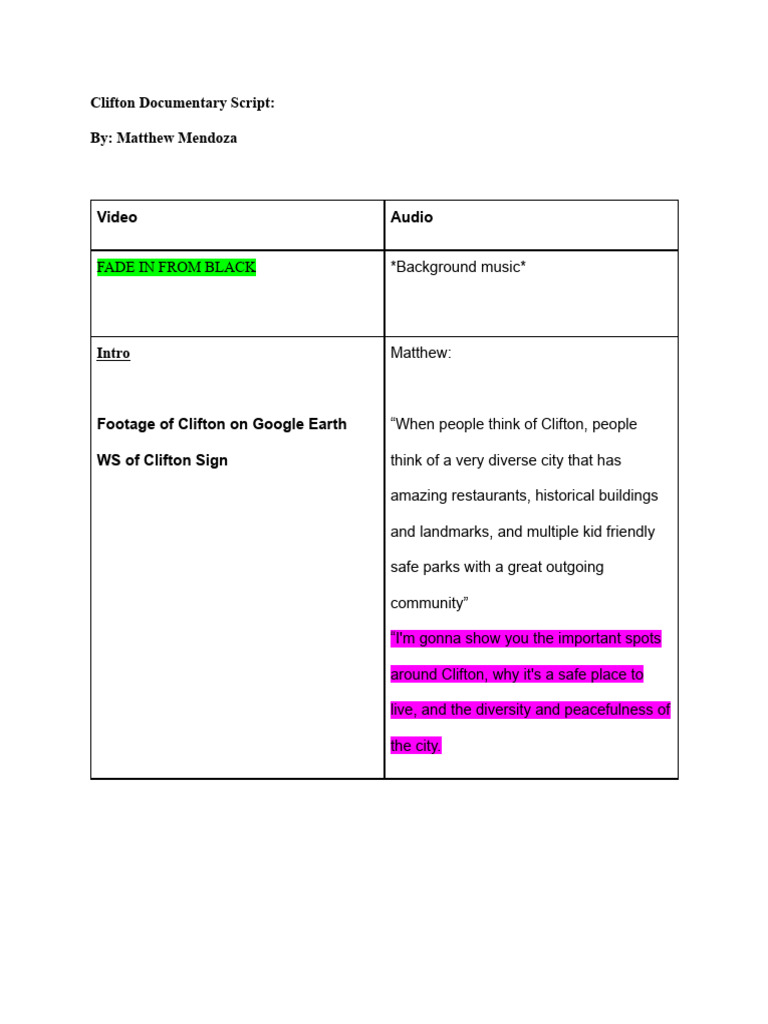 Clifton Documentary Script 1 | PDF