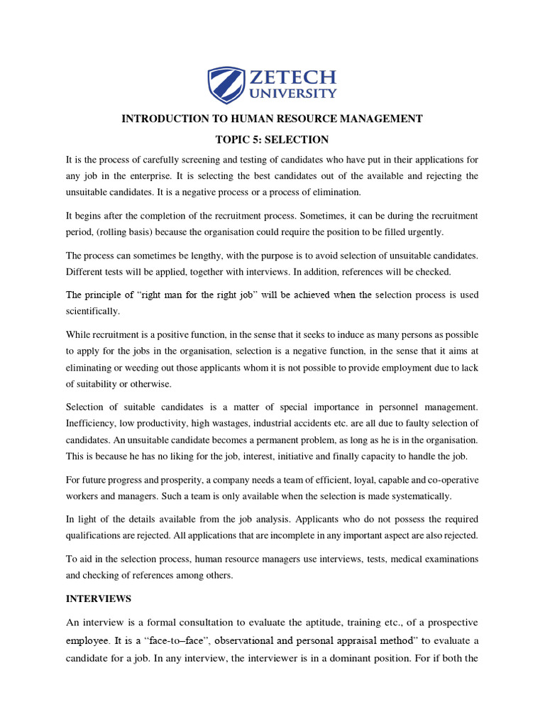 Selection HRM | PDF | Recruitment | Interview