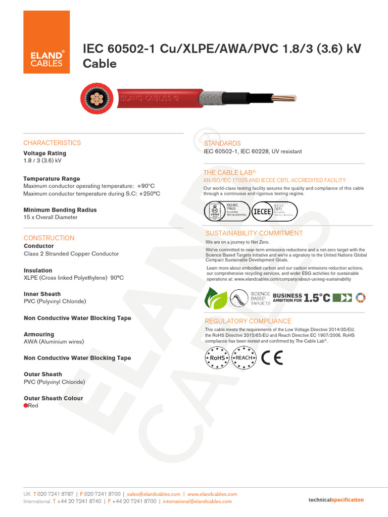 IEC 60502-1 Cu-XLPE-AWA-PVC Cable 1.8-3 (3.6) KV | PDF | Polyvinyl Chloride | Electrical ...