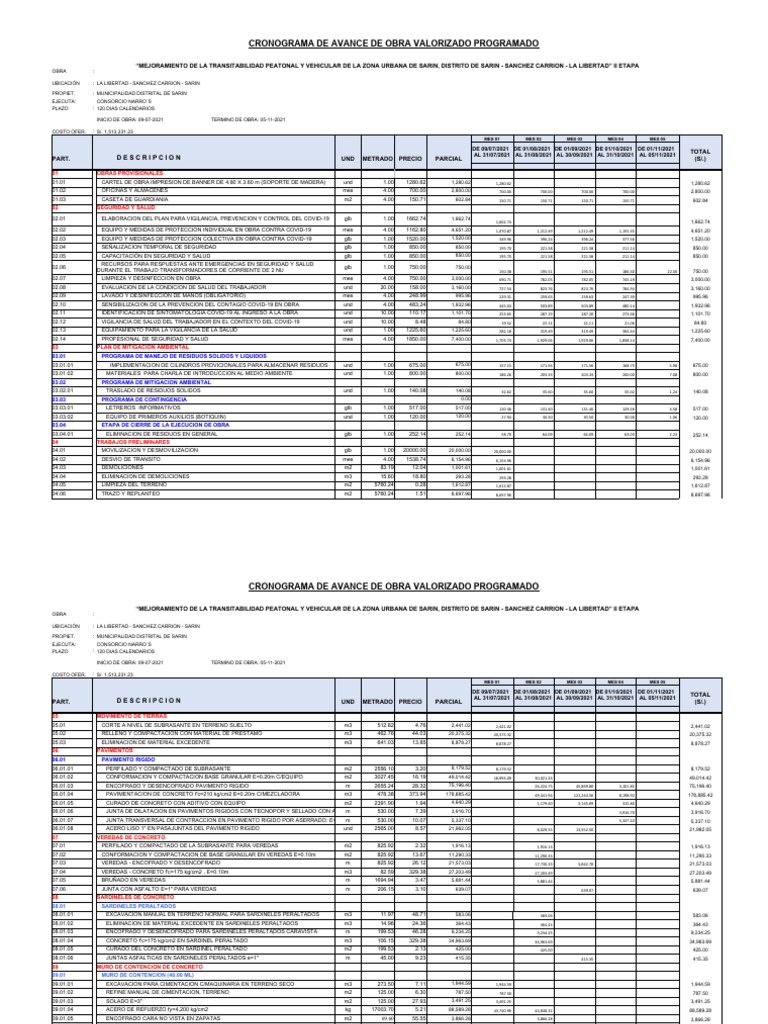 CRONOGRAMA DE AVANCE DE OBRA VALORIZADO PROGRAMADO VS EJECUTADO | PDF | Ingeniería de ...