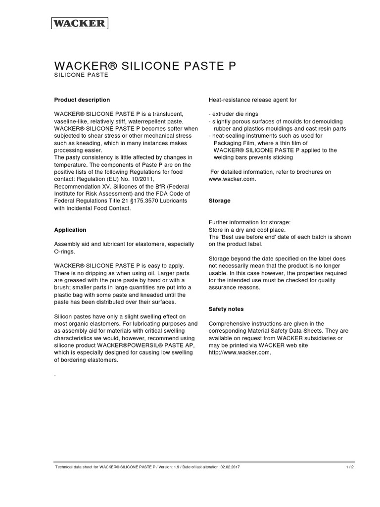 Wacker® Silicone Paste P: Product Description | PDF | Silicone | Materials