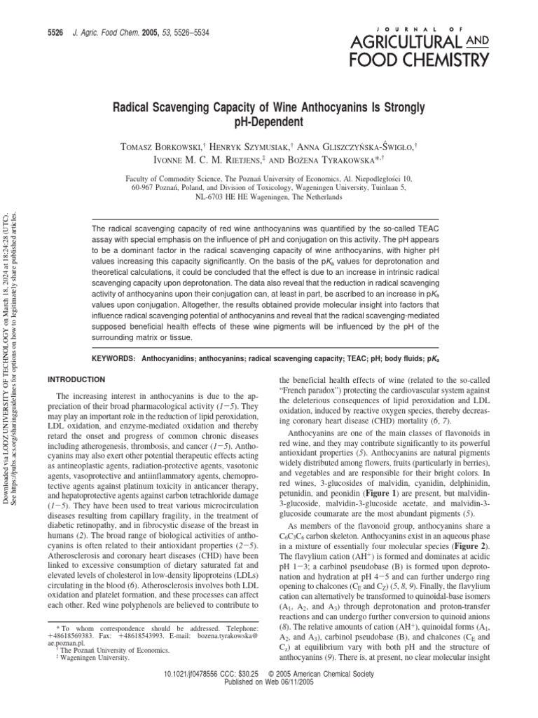 Borkowski Et Al 2005 Radical Scavenging Capacity of Wine Anthocyanins Is Strongly PH Dependent ...