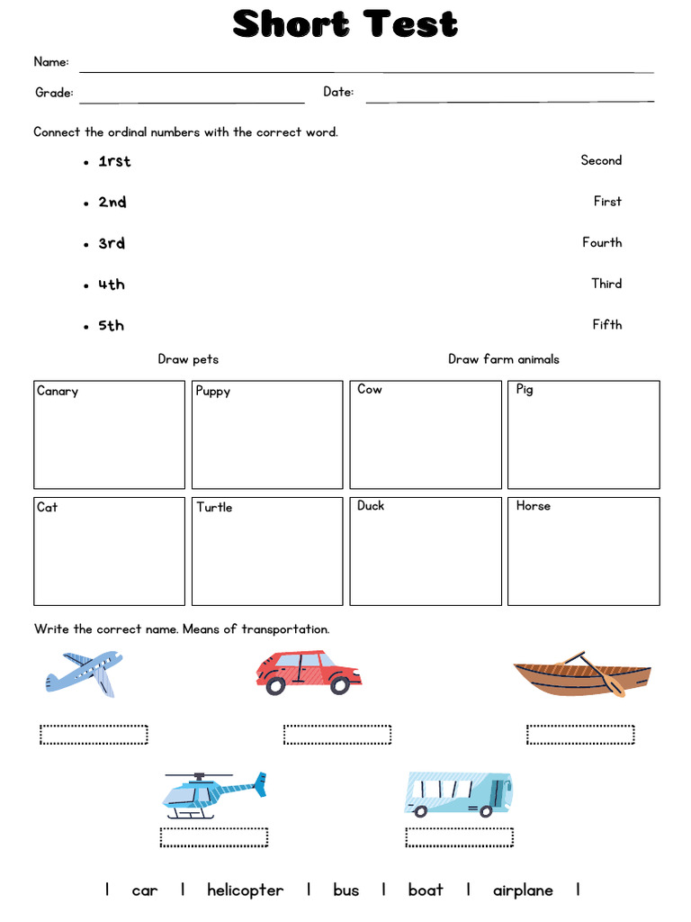 Ordinals & Animals Test Worksheet | PDF