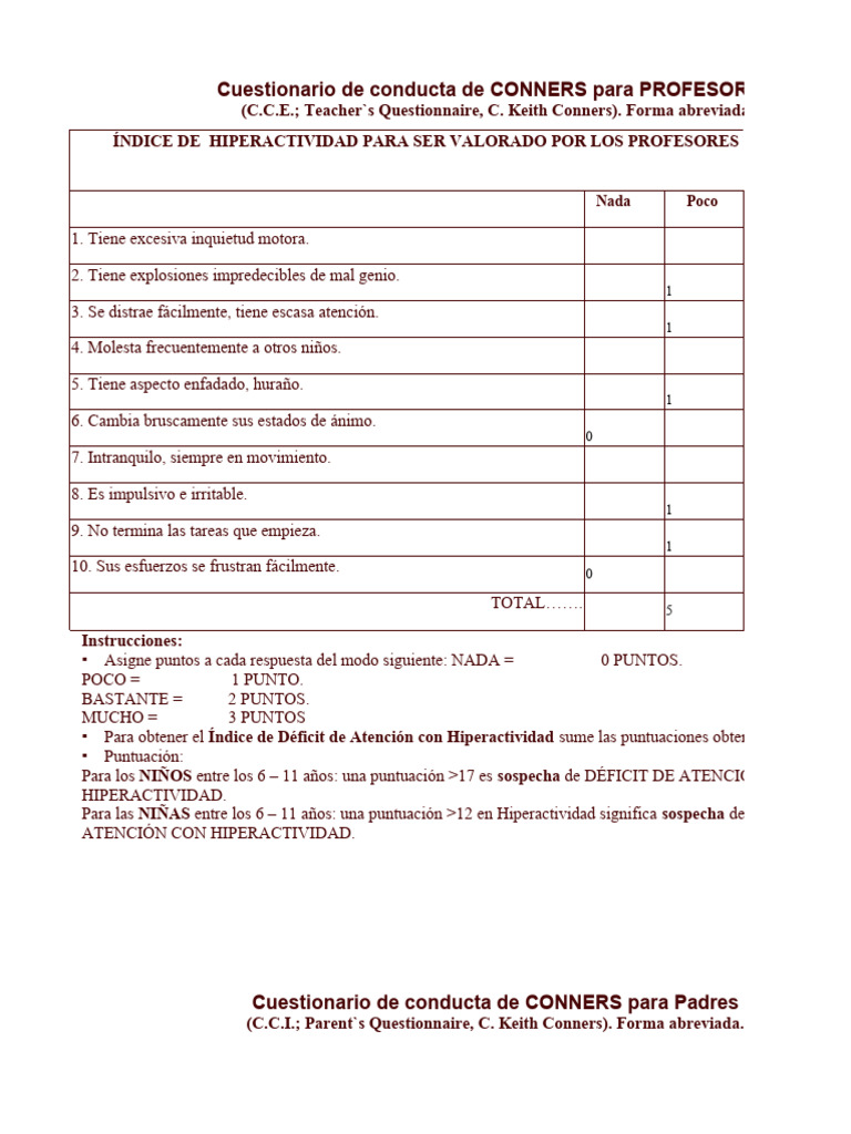 Escalas de Conners Para Evaluar El TDAH | PDF