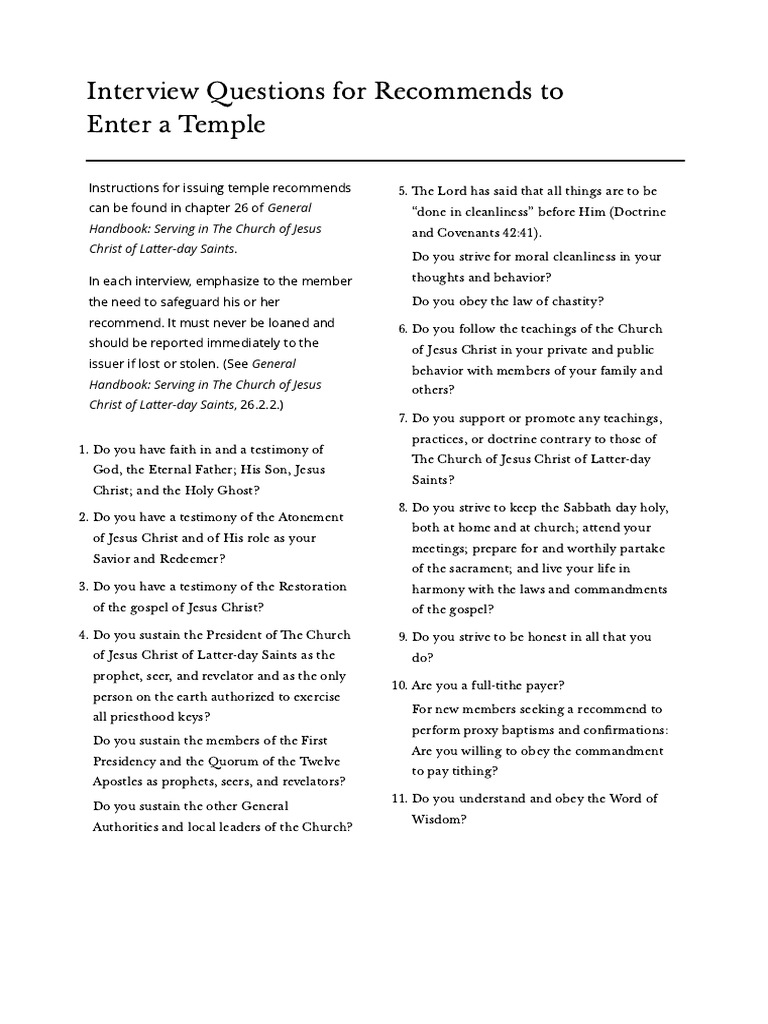 Temple Recommend Interview Questions | PDF | The Church Of Jesus Christ ...