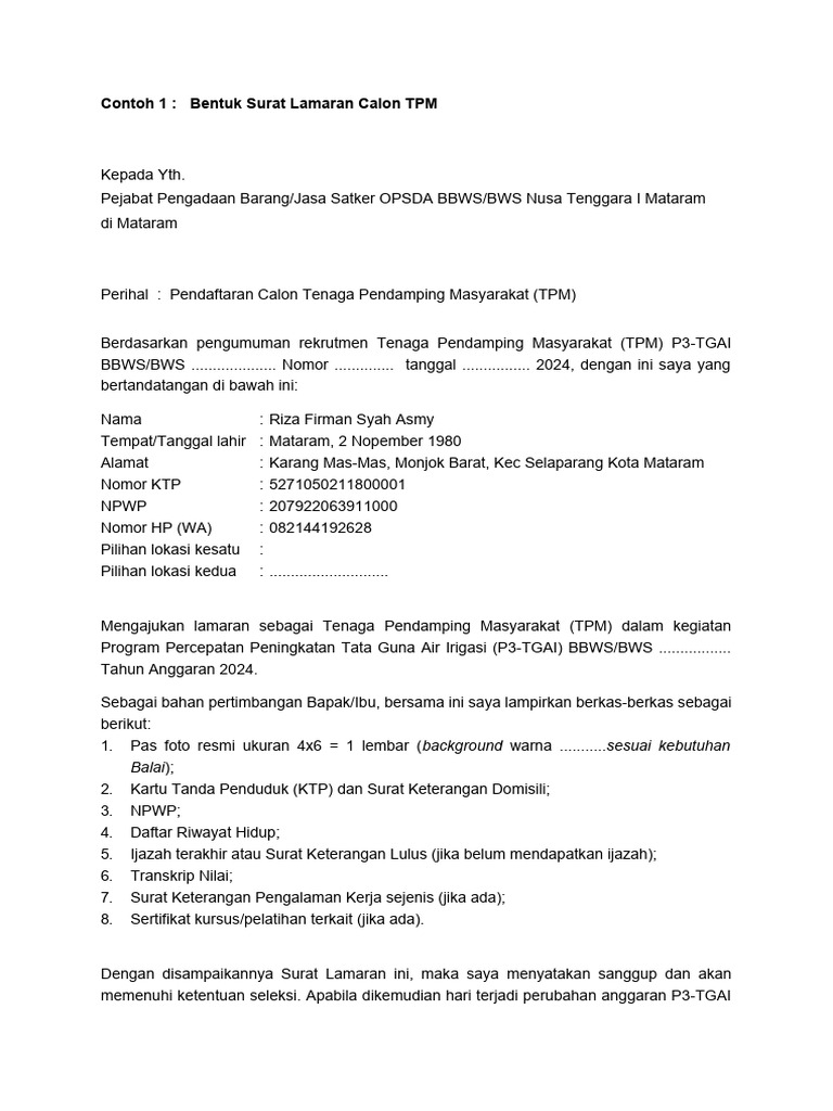 Contoh Format Lampiran Rekrutmen TPM TA 2024 | PDF | Hukum