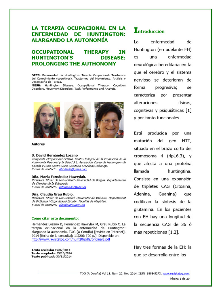 La Terapia Ocupacional en La Enfermedad de Huntington: Alargando La ...