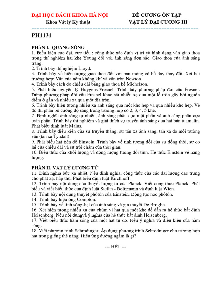 Đề Cương Ôn Tập VLĐC (PH1131) | PDF