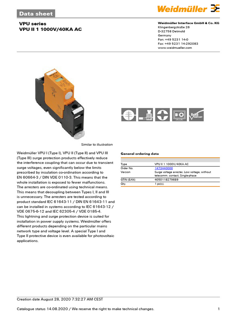 Weidmüller VPU II Surge Arrester Data Sheet | PDF | Fuse (Electrical ...