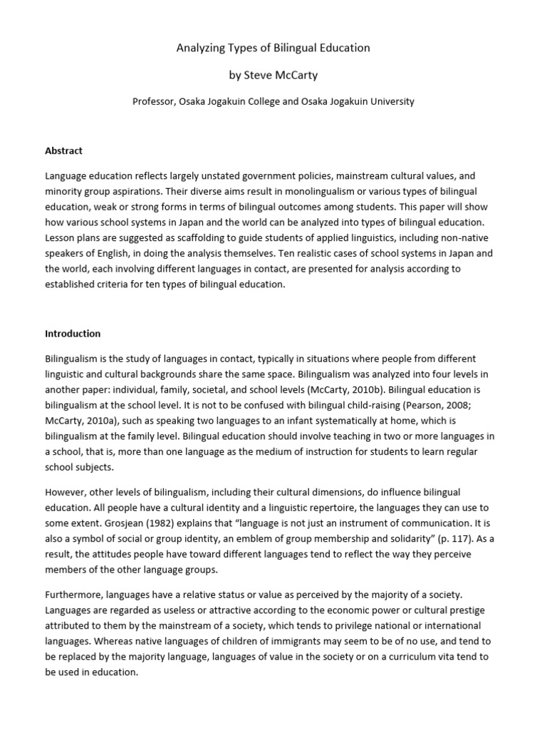 Analyzing Types of Bilingual Education by Steve McCarty | PDF ...