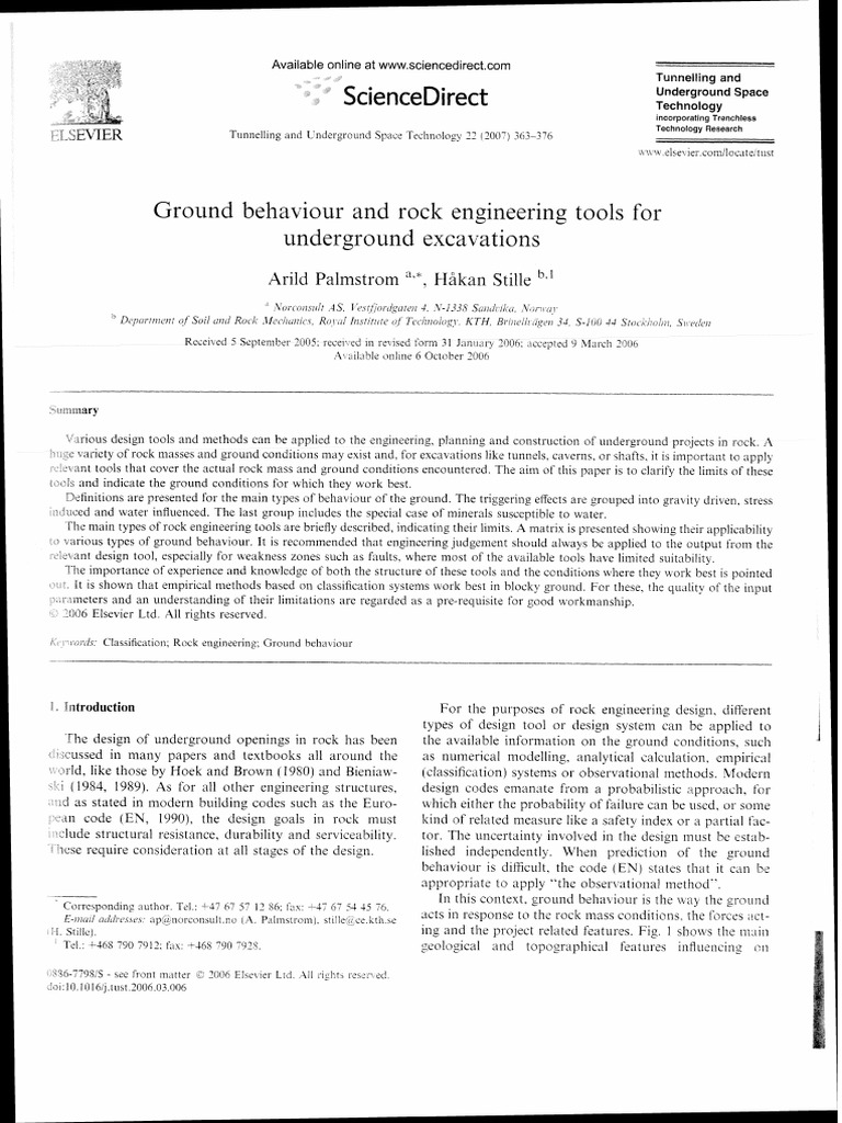 Ground Behaviour and Rock Engineering Tools For Underground Excavations - Palmstrom&al | PDF