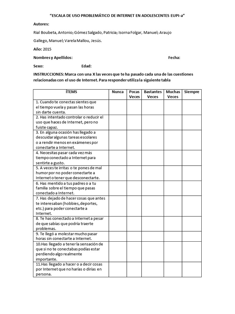 Escala de Uso Problemático de Internet en Adolescentes Eupi | PDF ...