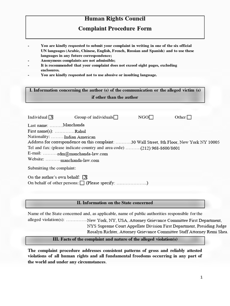 Human Rights Council Complaint Form | PDF | Complaint | Lawyer