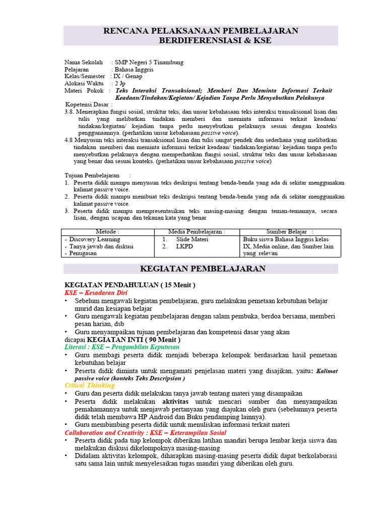 RPP Berdiferensiasi & KSE Kls 9 | PDF