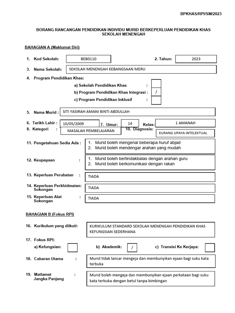 Borang Rpi Sekolah Menengah - Siti Yasirah Amani BT Abdullah | PDF