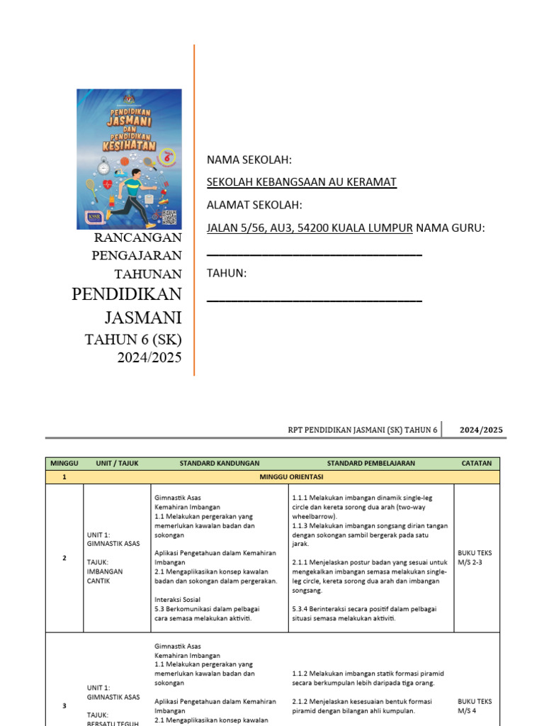 RPT PJ THN 6 (SK) 2024-2025 Skauk | PDF