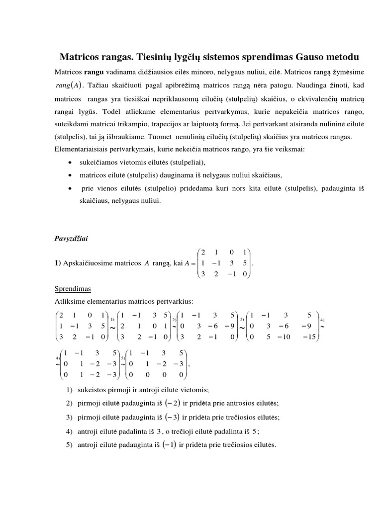 Teorija Ir Pavyzdžiai Matricos Rangas TLS Sprendimas Gauso Metodu | PDF