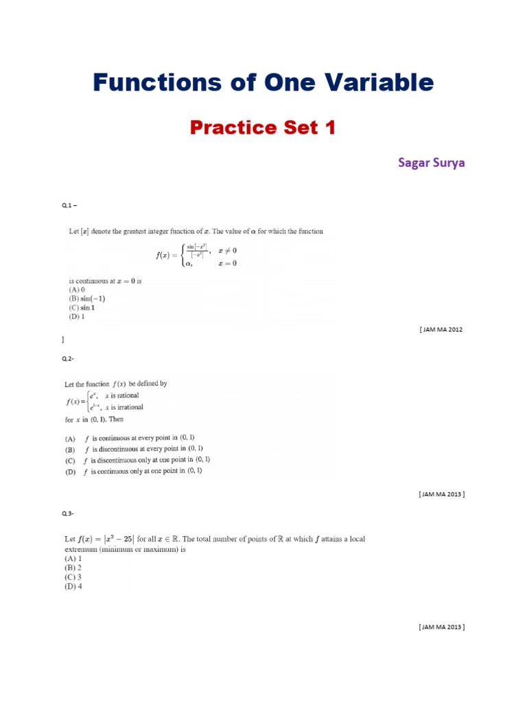 Functions of One Variale Practice Set - IIT JAM 2024 | PDF | Mathematical Relations ...