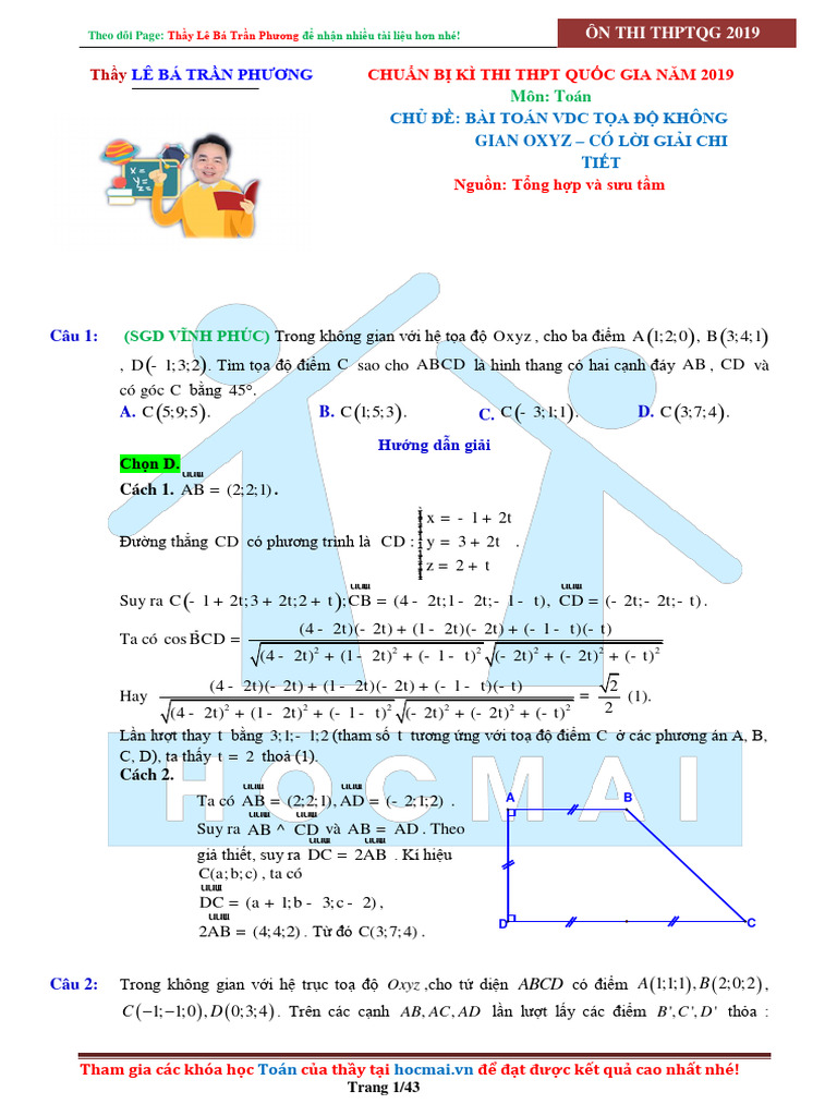 Thay Le Ba Tran Phuong - Bai Toan VDC Toa Do Khong Gian Oxyz - Co Loi Giai Chi Tiet | PDF
