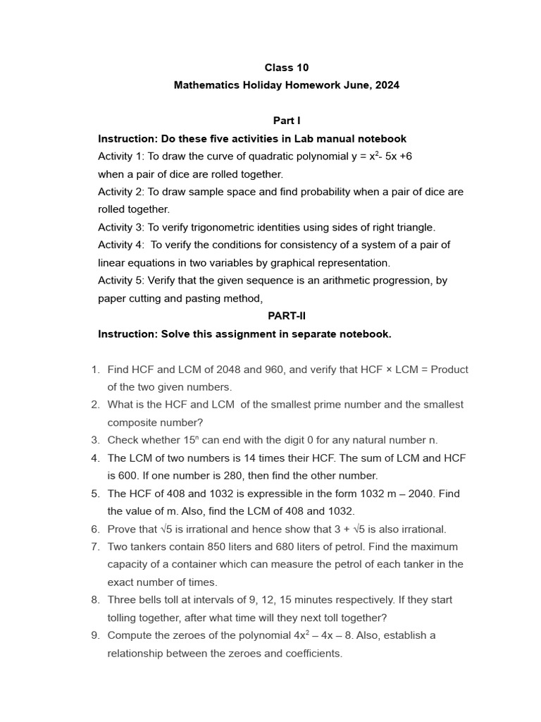 Class X Mathematics Holiday Homework 26.5.24 | Download Free PDF | Polynomial | Numbers