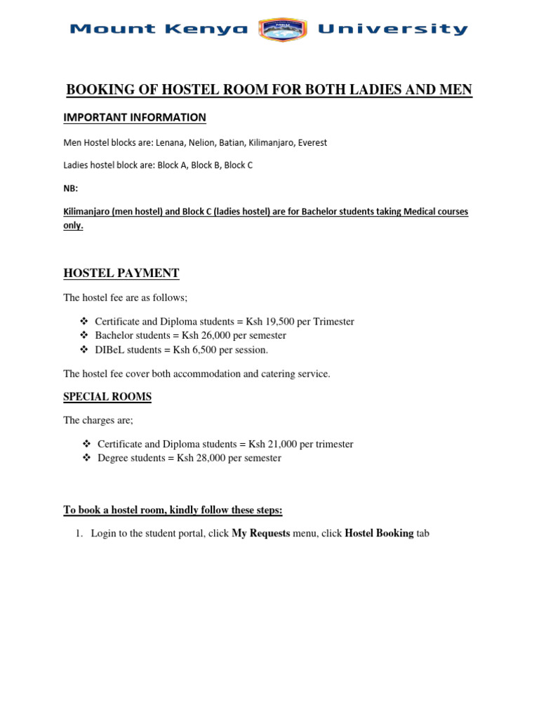 MKU Hostel Booking Guide | PDF