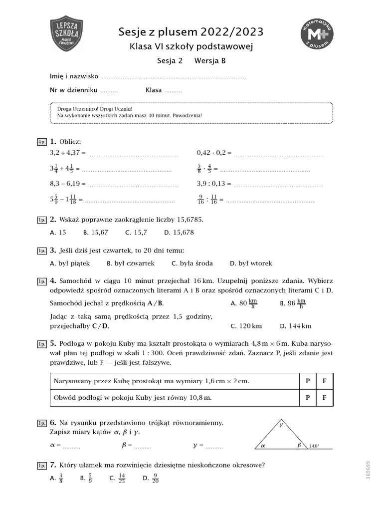 Klasowka-Wersja-B Sesja Z Plusem 2022-2023 KL 6 | PDF