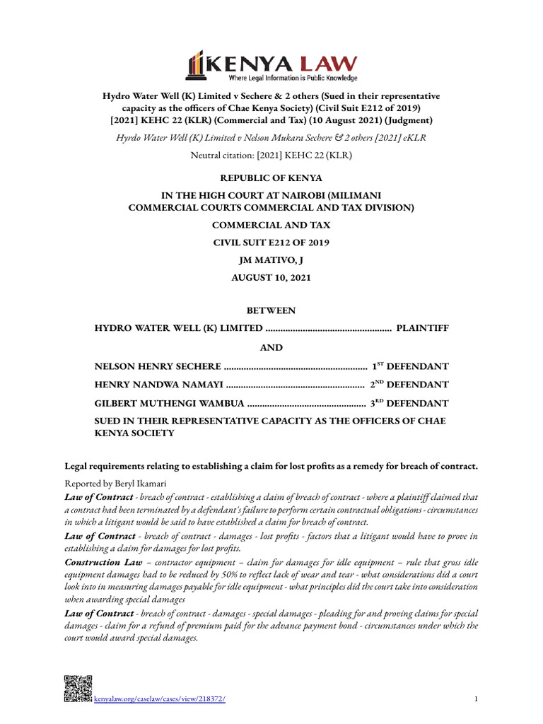 Hydro Water Well v Sechere: Contract Breach Case | PDF | Damages ...