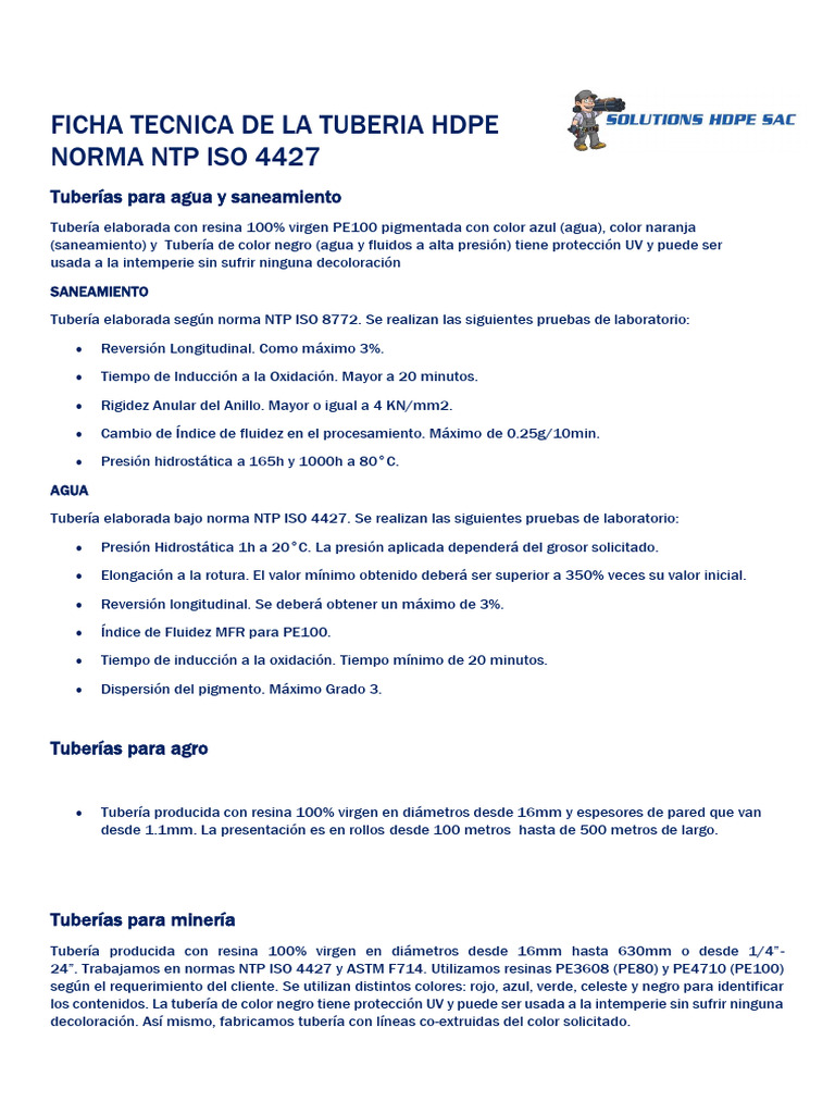 Ficha Tecnica de La Tuberia Hdpe Norma NTP Iso 4427 | PDF