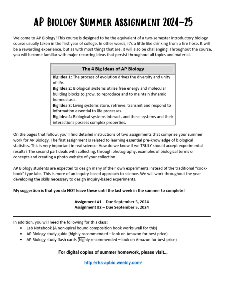 AP Biology Summer Assignment 2024 | PDF | Standard Deviation | Mean