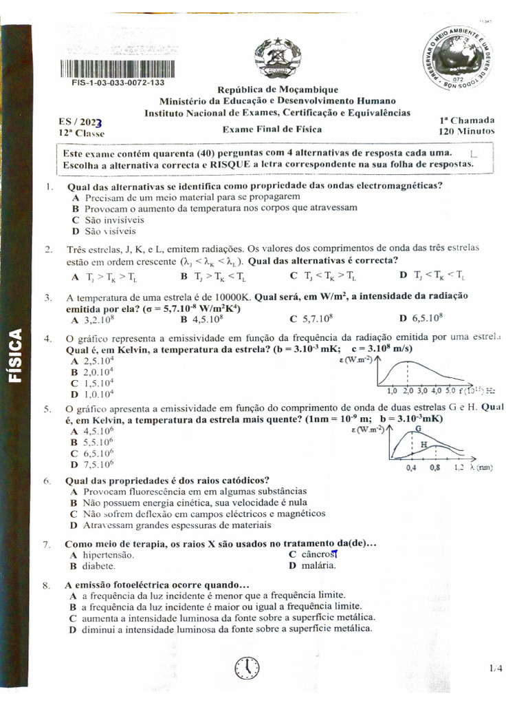 Exame de Física 12 Classe 2022 | PDF
