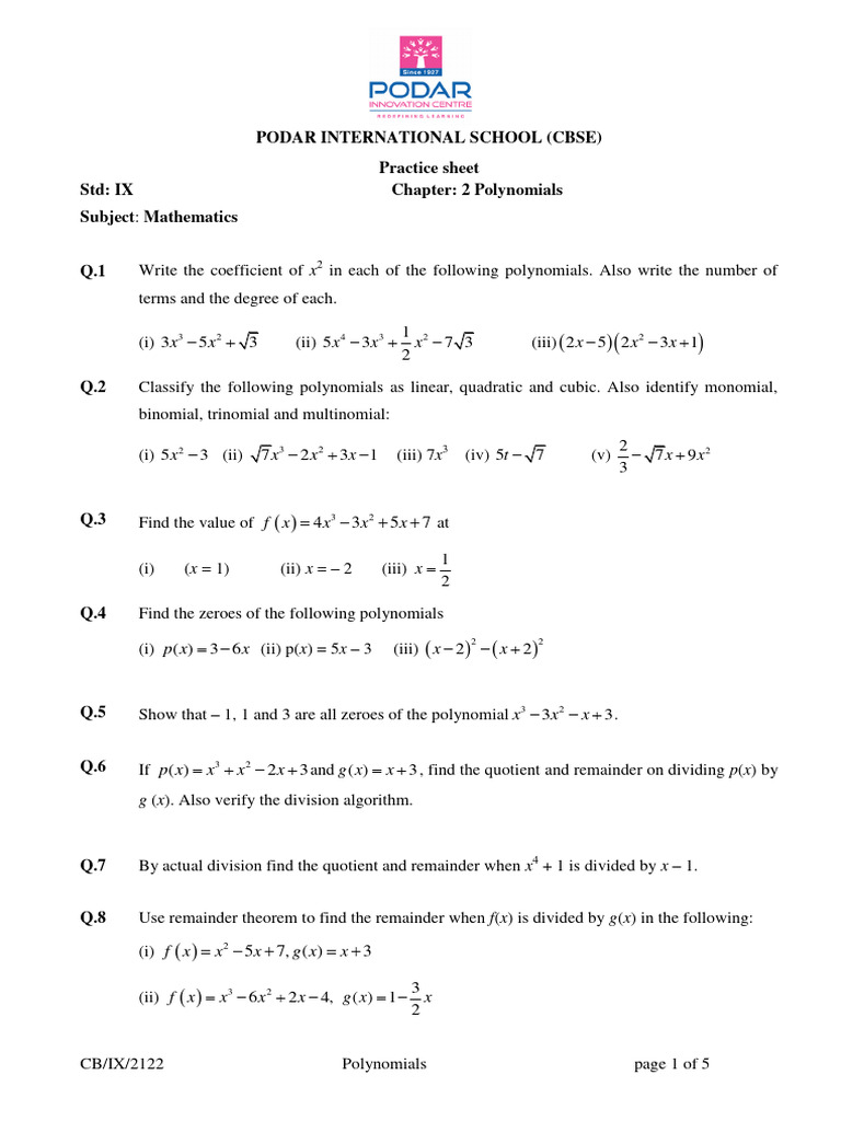 Polynomials Practice Sheet for Class IX | PDF | Factorization | Polynomial