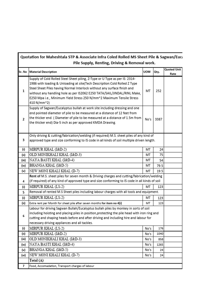 01.09.2023 Sheet Pile Quotation BOQ | PDF | Deep Foundation | Building ...